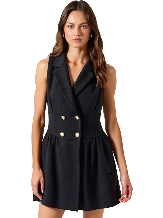 MODENAIRE Sleeveless Double-breasted Boucle Tweed Blazer Dress - Black