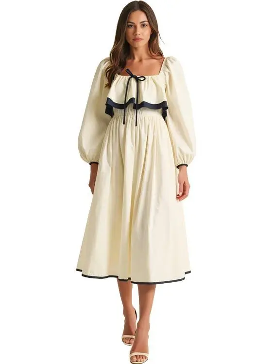 MODENAIRE Long Sleeve Ruffle Trim Midi Dress - Off-white / Cream