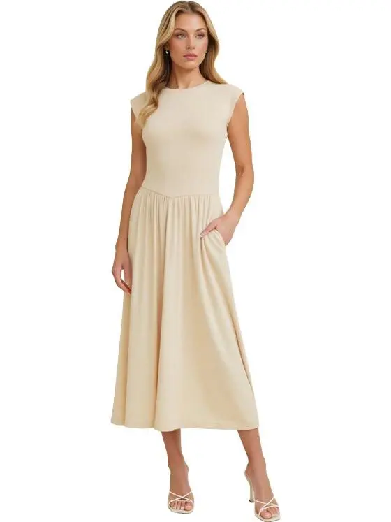 MODENAIRE Cap Sleeve Knit Bodice Midi Dress - Beige