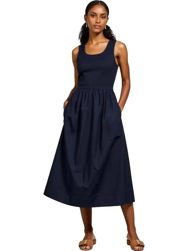 MODENAIRE Sleeveless Fit-and-flare Maxi Dress With Seam Waist And Side Pockets - Navy Blue