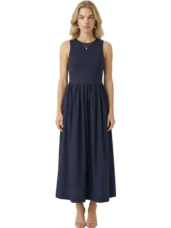 MODENAIRE Sleeveless Fit-and-flare Maxi Dress With Seam Waist And Side Pockets - Navy Blue