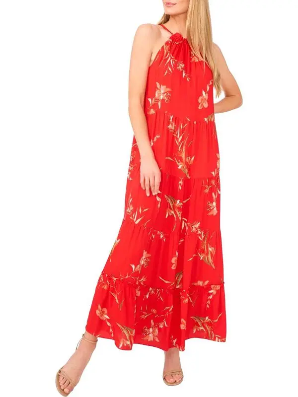 CECE DUPRAZ Floral Print Tiered Maxi Dress - Fiery Red
