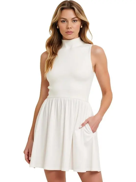 MODENAIRE Mock Neck Sleeveless Mini Dress With Pockets - White