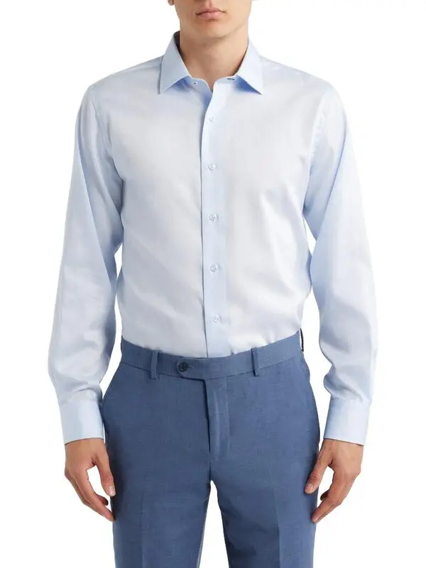 Lorenzo Uomo Trim Fit Cotton Herringbone Dress Shirt - Light Blue