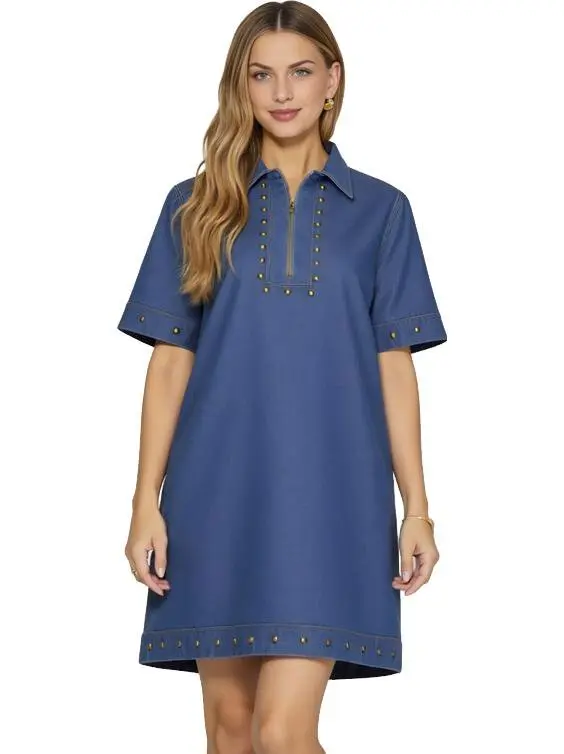 MODENAIRE Denim Studded Half Zip Mini Shift Dress - Blue