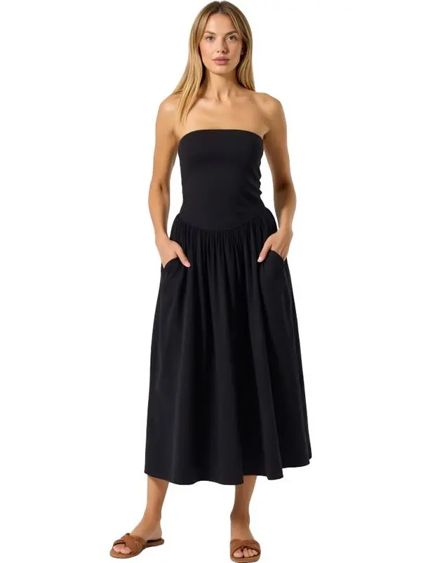 MODENAIRE Strapless Smocked Bodice Midi Dress With Pockets - Black