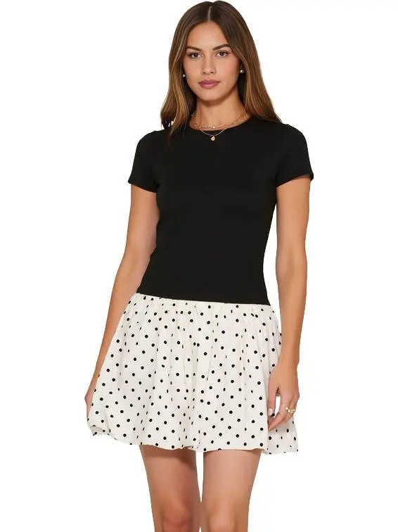 MODENAIRE Fitted Knit Bodice Polka Dot Bubble Skirt Dress - Black /white