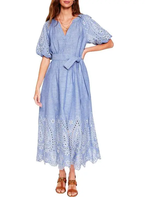 Boden Florence Embroidered Eyelet Linen & Cotton Puff Sleeve Dress - Grey Blue Chambray