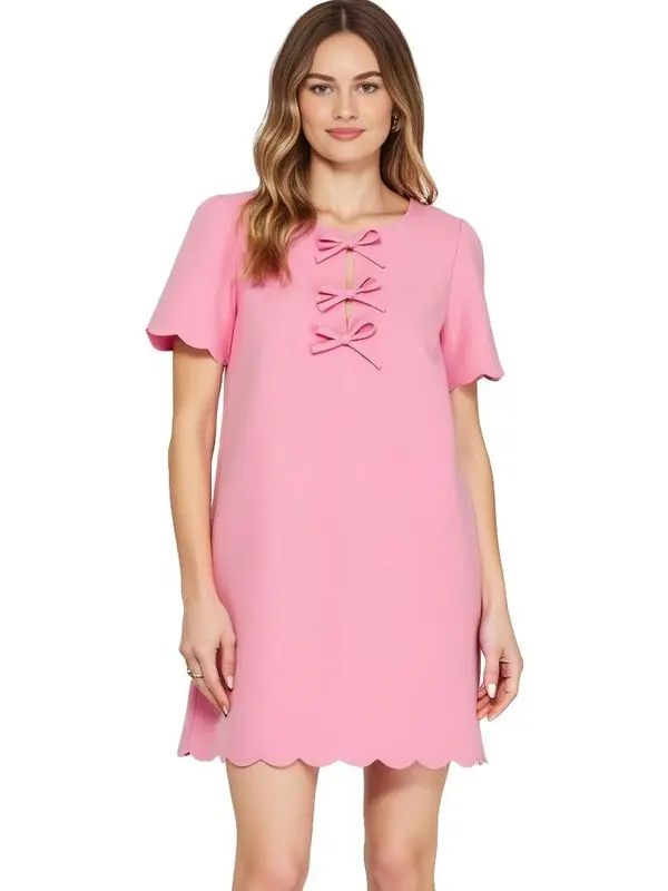 MODENAIRE Scallop Hem Shift Dress With Bow Tie Details - Pink