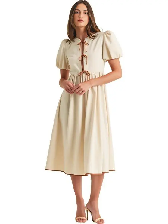 MODENAIRE Midi Puff Sleeve Dress With Bow Ties - Off-white /cream