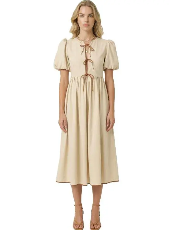 MODENAIRE Midi Puff Sleeve Dress With Bow Ties - Off-white /cream