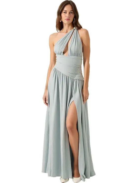 MODENAIRE Pleated One-shoulder Gown With Cutout Waist And Slit - Light Blue