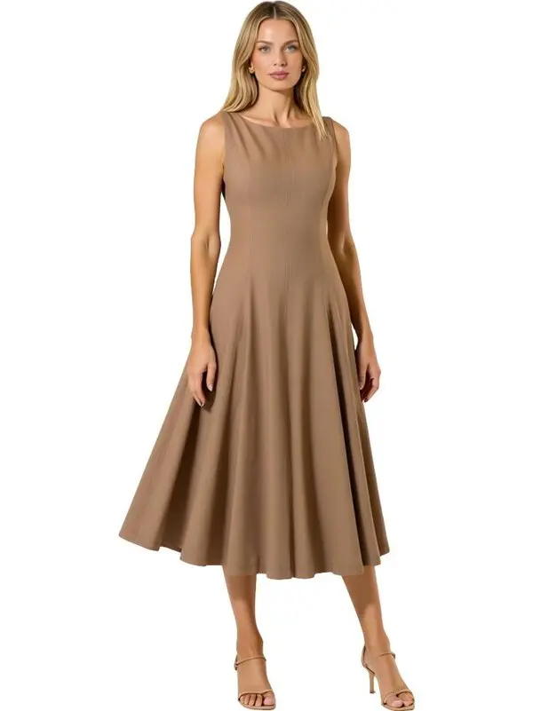 MODENAIRE Sleeveless Boat Neck Fit And Flare Midi Dress - Brown