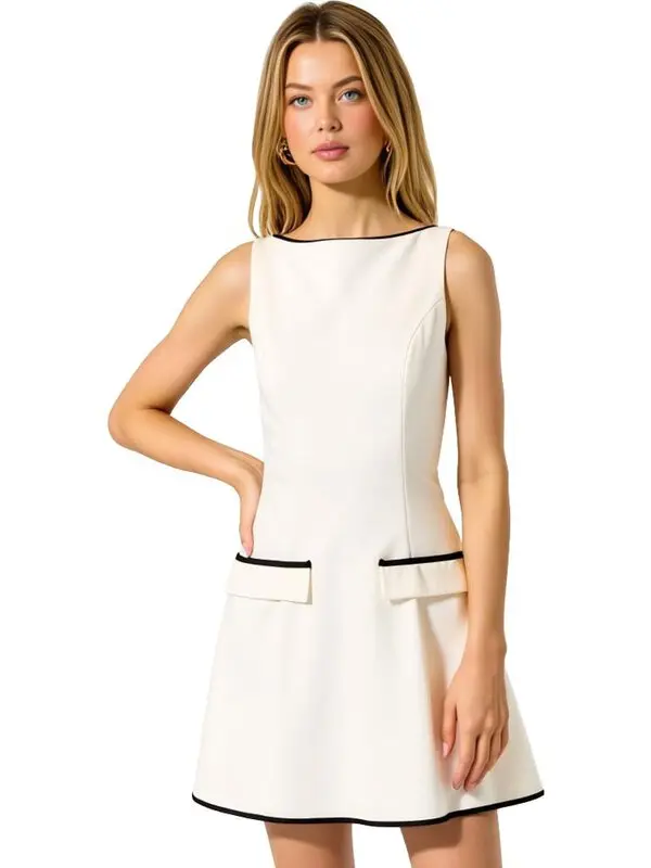 MODENAIRE Sleeveless Mini Dress With Contrast Trim - White/black Trim