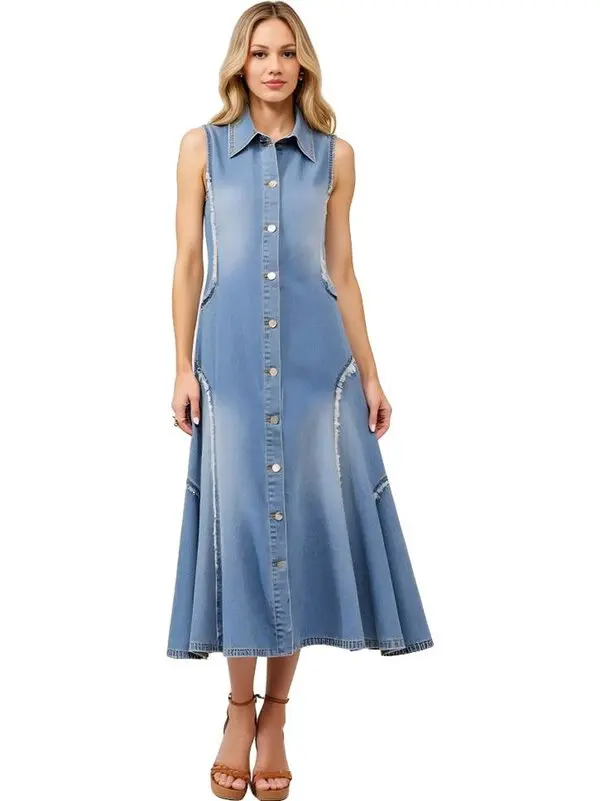 MODENAIRE Sleeveless Denim Midi Shirt Dress With Frayed Seams - Blue