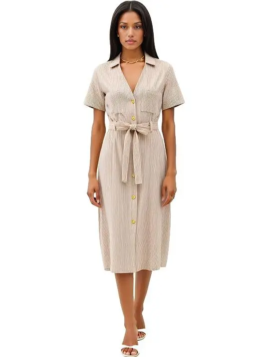 MODENAIRE Striped Button-down Midi Shirt Dress With Belt - Beige / Brown Striped