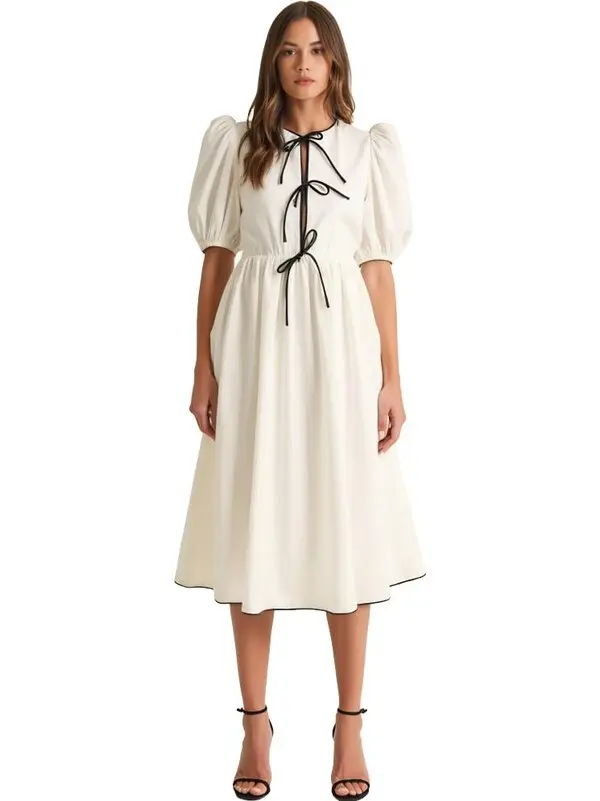 MODENAIRE Puff Sleeve Tie-front Midi Dress With Contrast Trim - White / Black Trim