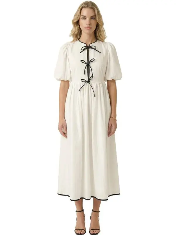 MODENAIRE Puff Sleeve Tie-front Midi Dress With Contrast Trim - White / Black Trim