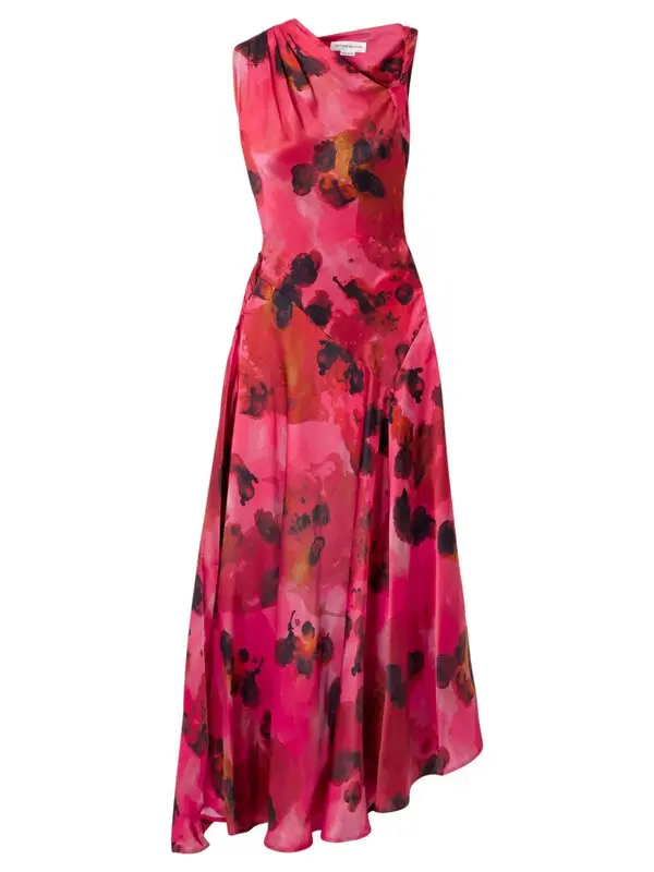 Victoria Beckham Draped Floral-print Silk-satin Midi Dress - Red