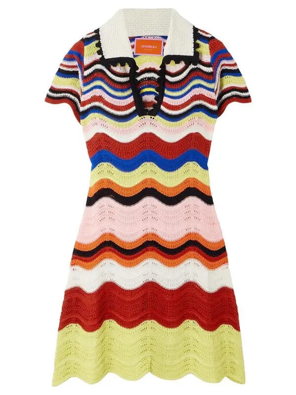 La DoubleJ Scalloped Striped Pointelle-knit Cotton Mini Dress - Multi