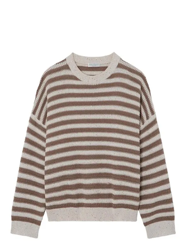 Brunello Cucinelli Sequin-embellished Striped Cotton-blend Sweater - Brown
