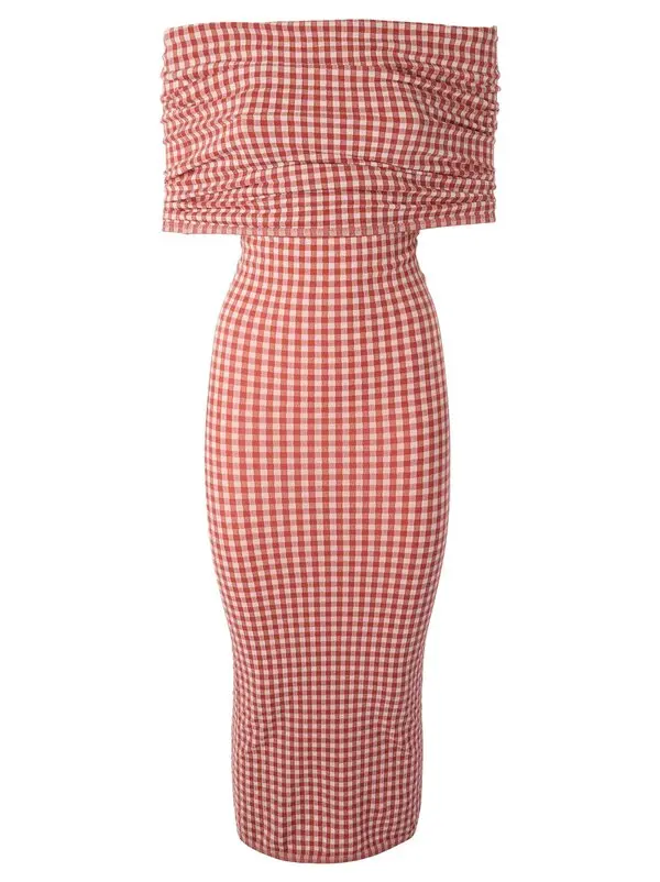 Alaïa Off-the-shoulder Checked Stretch-knit Midi Dress - Red