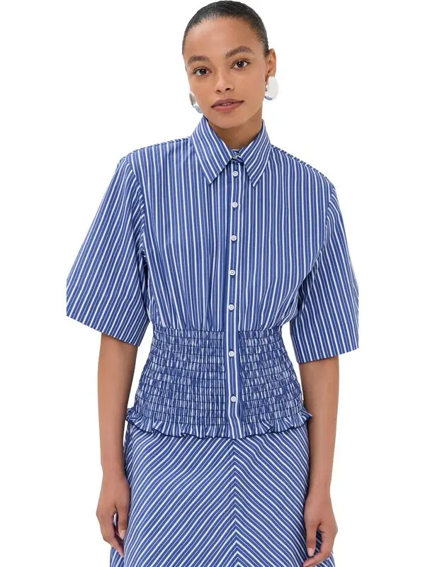 Brandon Maxwell Harte Smocked Bodice Button-up Shirt - Navy Stripe