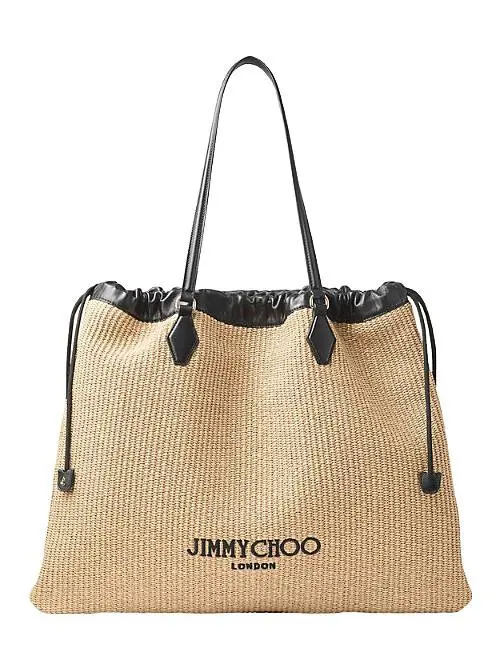 JIMMY CHOO Large Raffia And Leather Drawstring Tote Bag - Natural/black/gold