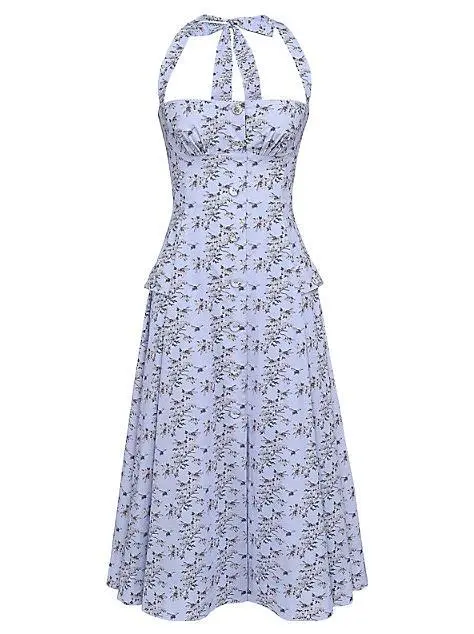 House Of Cb Halter-neck Stretch-cotton Midi Dress - Bee Floral Cream
