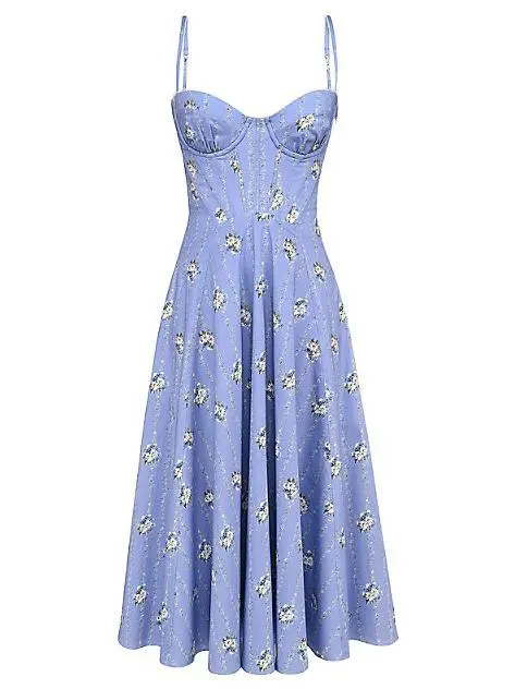House Of Cb Floral-print Stretch-cotton Midi Dress - Daisy Stripe Blue