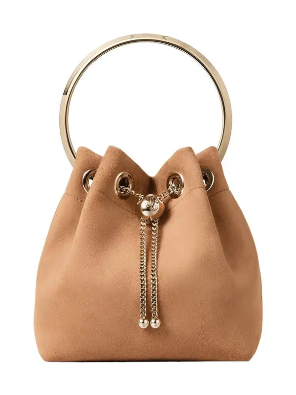 JIMMY CHOO Bon Bon Suede Bucket Bag With Metal Sphere Closure - Toffee/light Gold