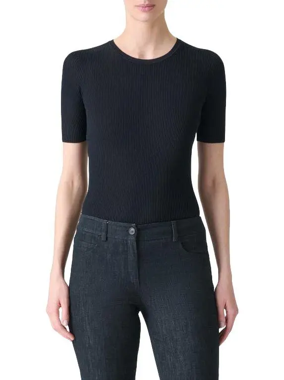 Akris Seamless Short Sleeve Silk & Cotton Rib Sweater - Black