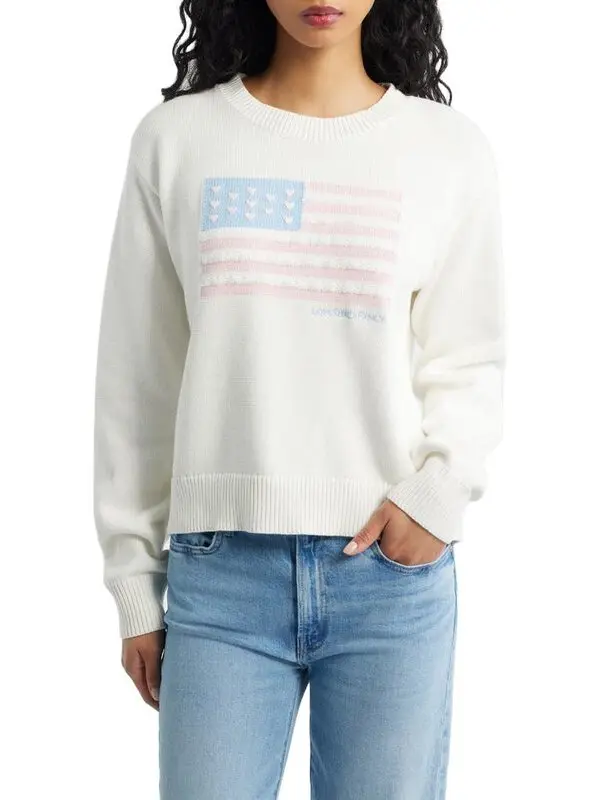 LoveShackFancy Intarsia Flag Cotton Crewneck Sweater - Ivory Dreams