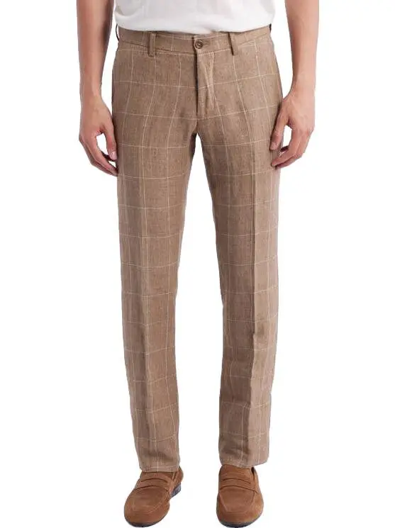 Berle Windowpane Check Linen Trousers - Tan