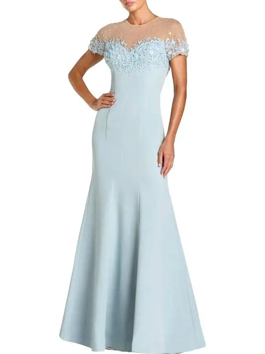 Mac Duggal Mermaid Beaded Illusion Gown - Powder Blue