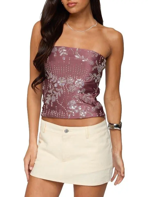 EDIKTED Zelda Beaded Sequin Top - Mauve