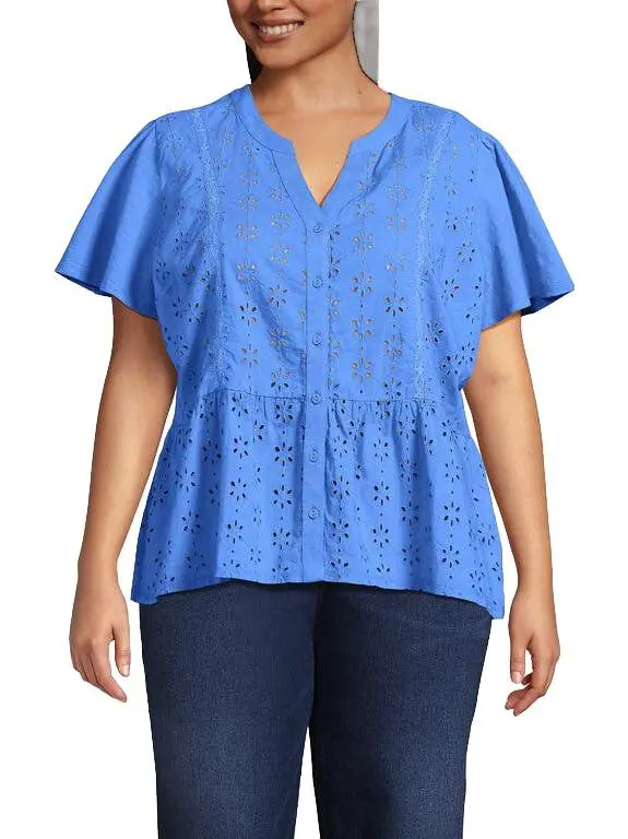 LANDS' END Short Sleeve Mixed Media Eyelet Top - Crisp Blue