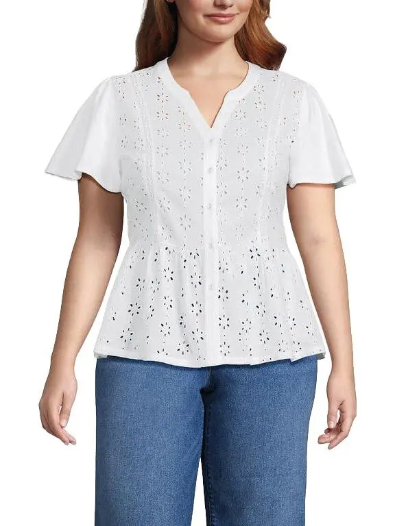 LANDS' END Short Sleeve Mixed Media Eyelet Top - White