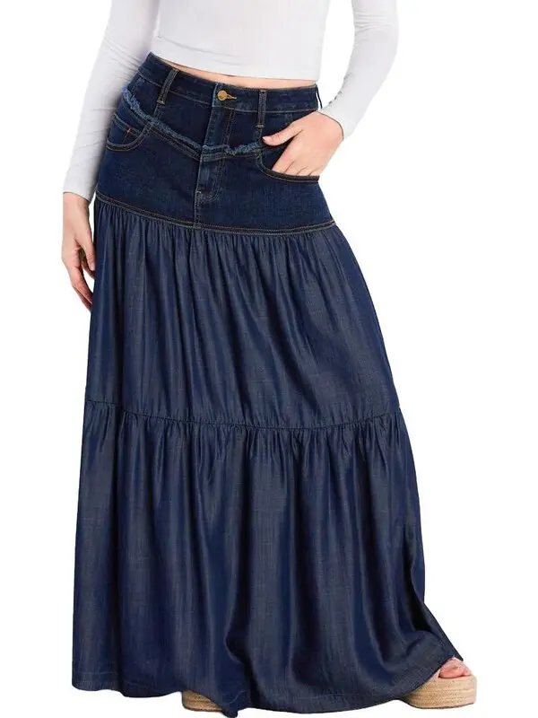 WASH LAB DENIM Contrast Tiered Denim Maxi Skirt - Antique Blue