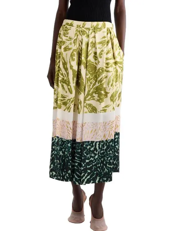 Dries Van Noten Mixed Print A-line Midi Skirt - Khaki