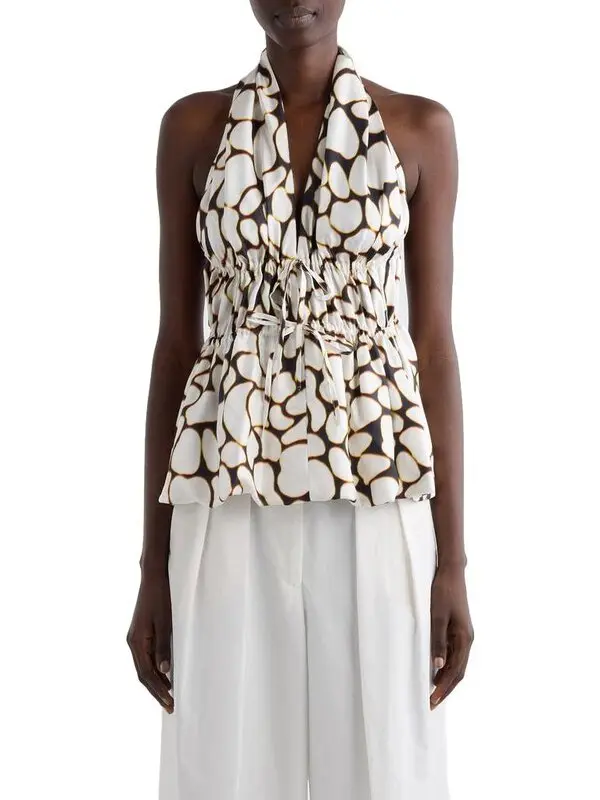 Dries Van Noten Ceana Print Ruched Silk Halter Top - Off White