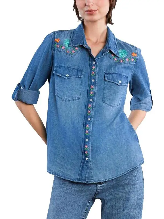 BILLY T Floral Embroidered Snap-up Shirt - Denim