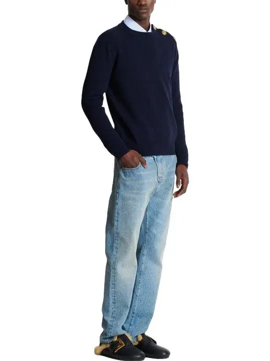 Balmain Eco-cashmere Jumper With Golden Metal Lion Press Studs - Navy
