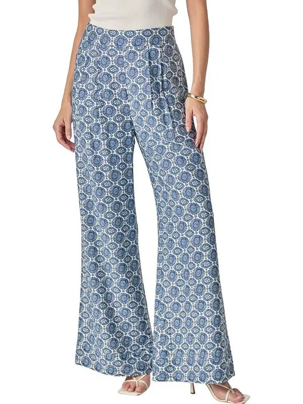 English Factory Printed Wide Leg Pants - Navy/ Ivory