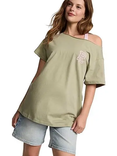 Pink Cotton Off-the-shoulder T-shirt - Green