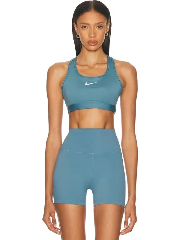 Nike Swoosh Medium Support Padded Sports Bra In Slate - Smokey Blue & White