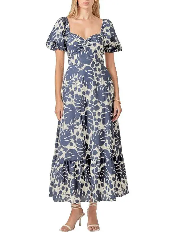 English Factory Floral Puff Sleeve Maxi Dress - Navy/ White