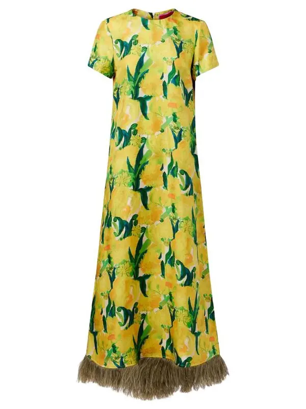 La DoubleJ Swing Feather-trimmed Maxi Dress - Yellow