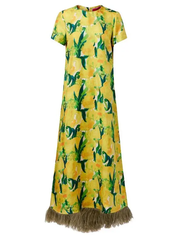 La DoubleJ Swing Feather-trimmed Maxi Dress - Yellow