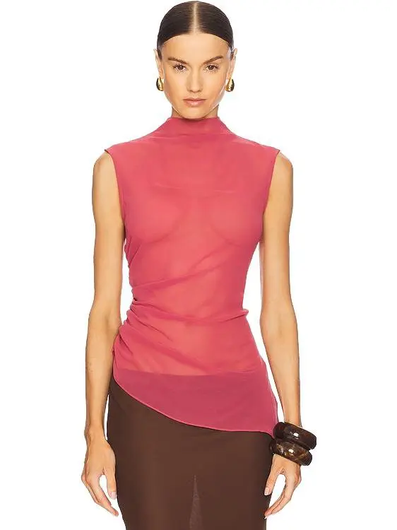 Lapointe Lightweight Georgette Mock Neck Ruched Top - Dark Rose